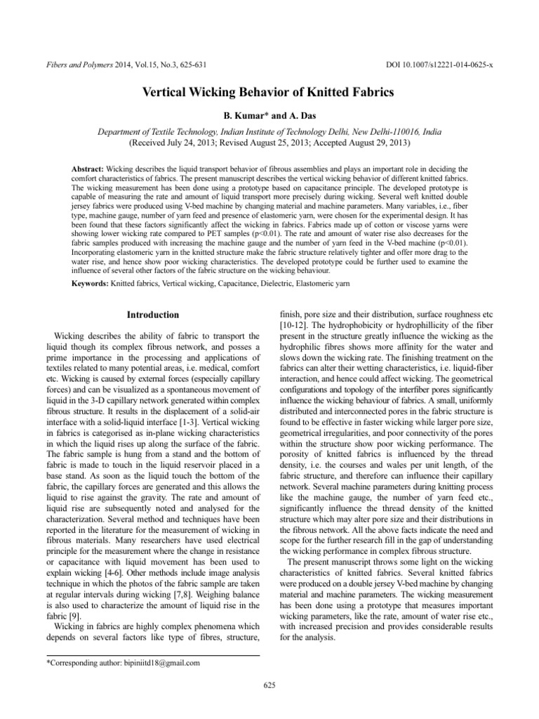 Vertical Wicking Behavior of Knitted Fabrics - Bipin Kumar A Das | PDF