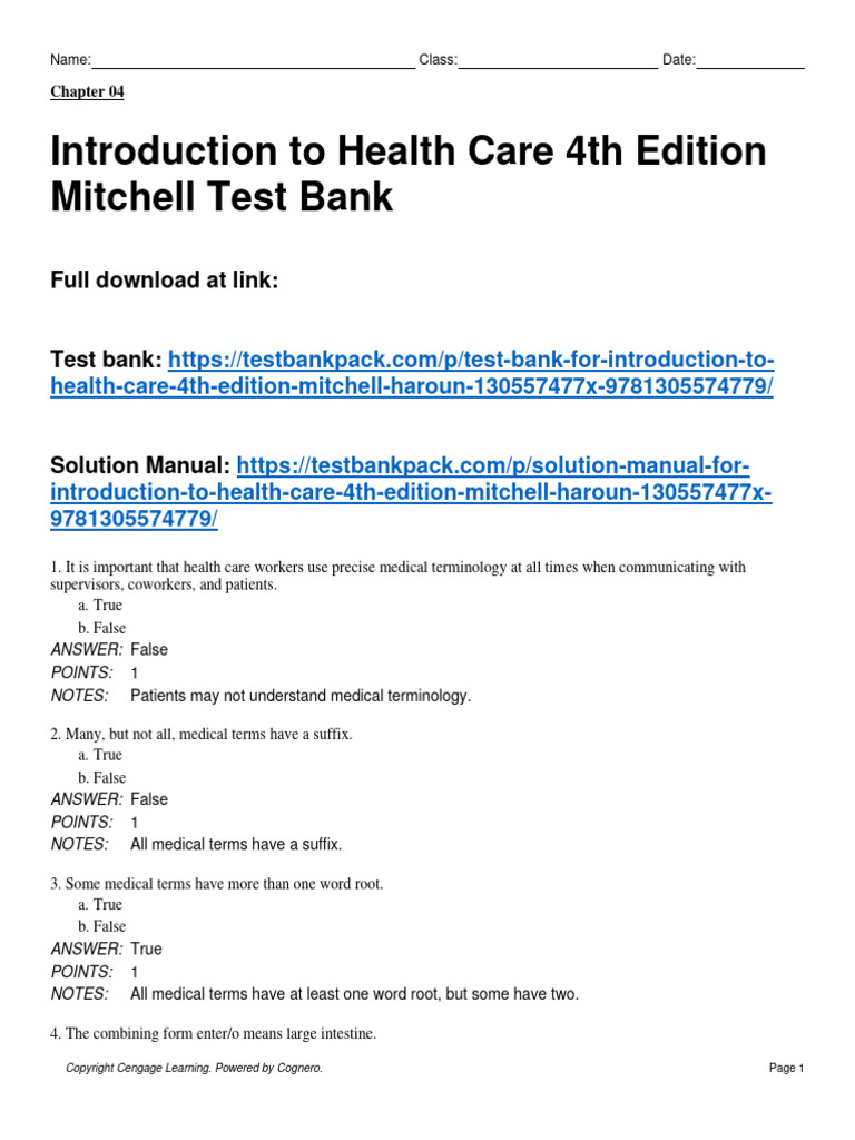 Introduction To Health Care 4th Edition Mitchell Test Bank 1 | PDF