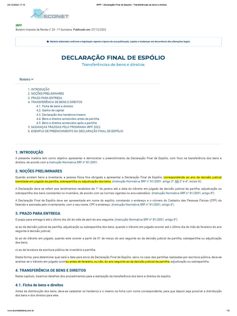 Declaracao Final de Espolio | PDF