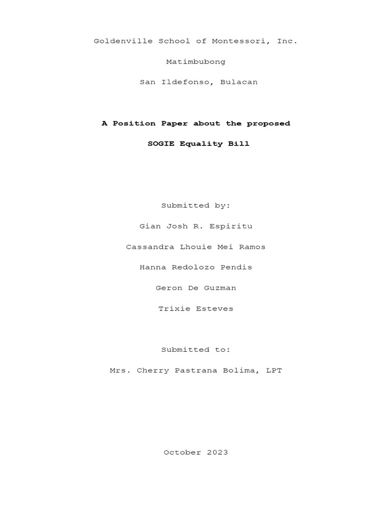 Position Paper in Eapp - Sogie Equality Bill | PDF