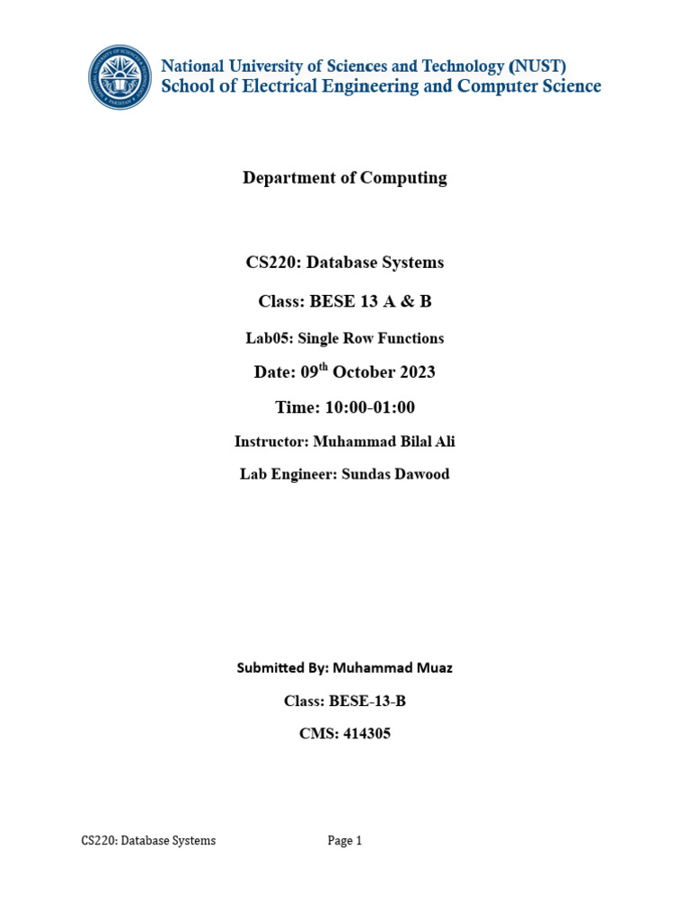 Single Row Functions Lab BESE 13 | PDF