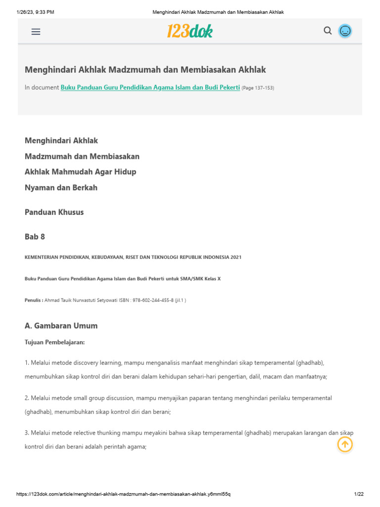 Menghindari Akhlak Madzmumah Dan Membiasakan Akhlak | PDF