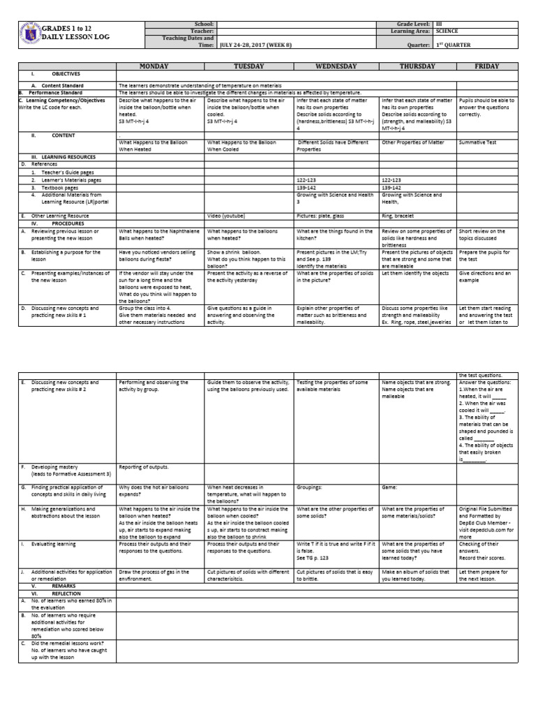 Grade 3 DLL SCIENCE 3 Q1 Week 8 | PDF