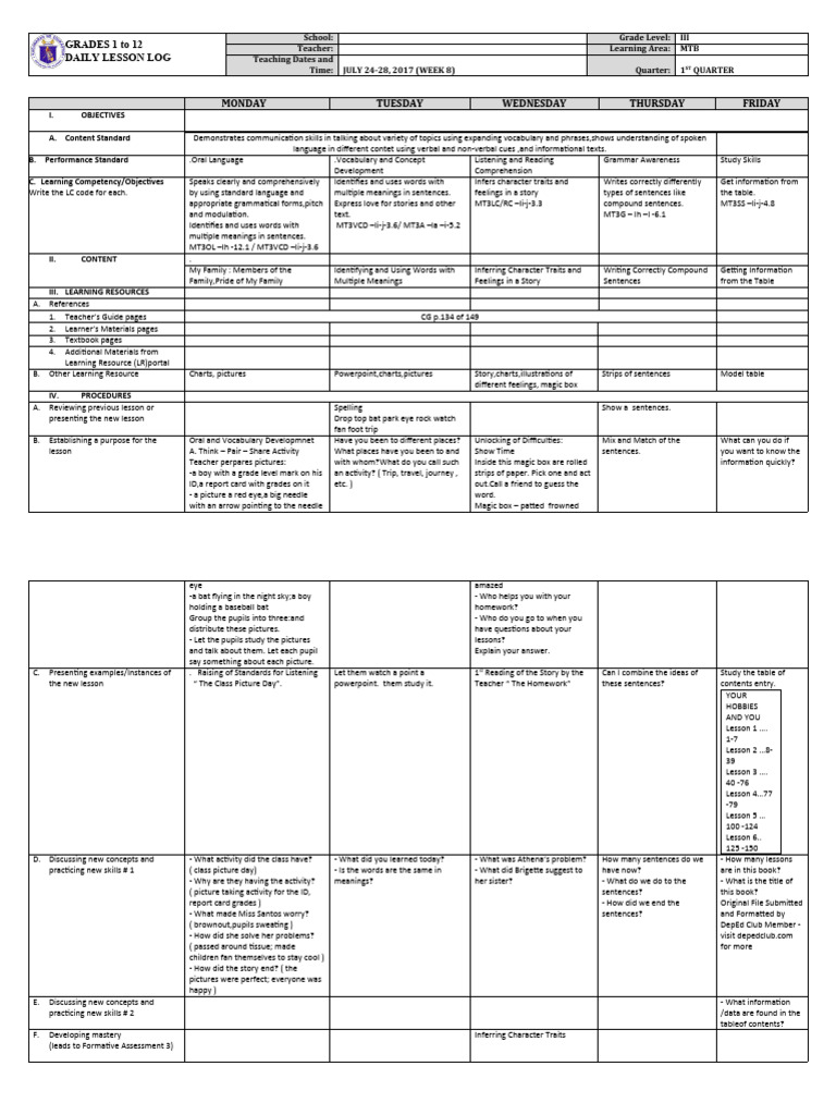Grade 3 DLL MTB 3 Q1 Week 8 | PDF
