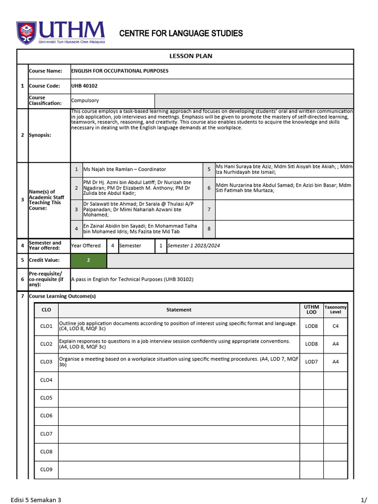 English for Occupational Purposes Plan | PDF