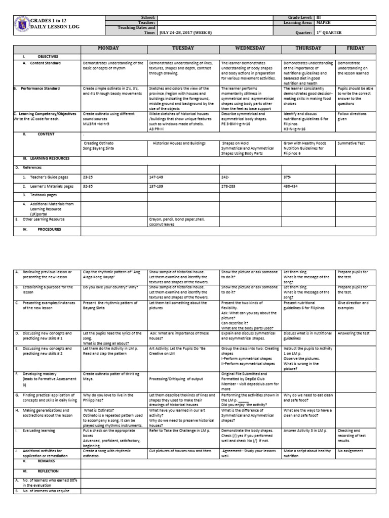 Grade 3 DLL MAPEH 3 Q1 Week 8 | PDF