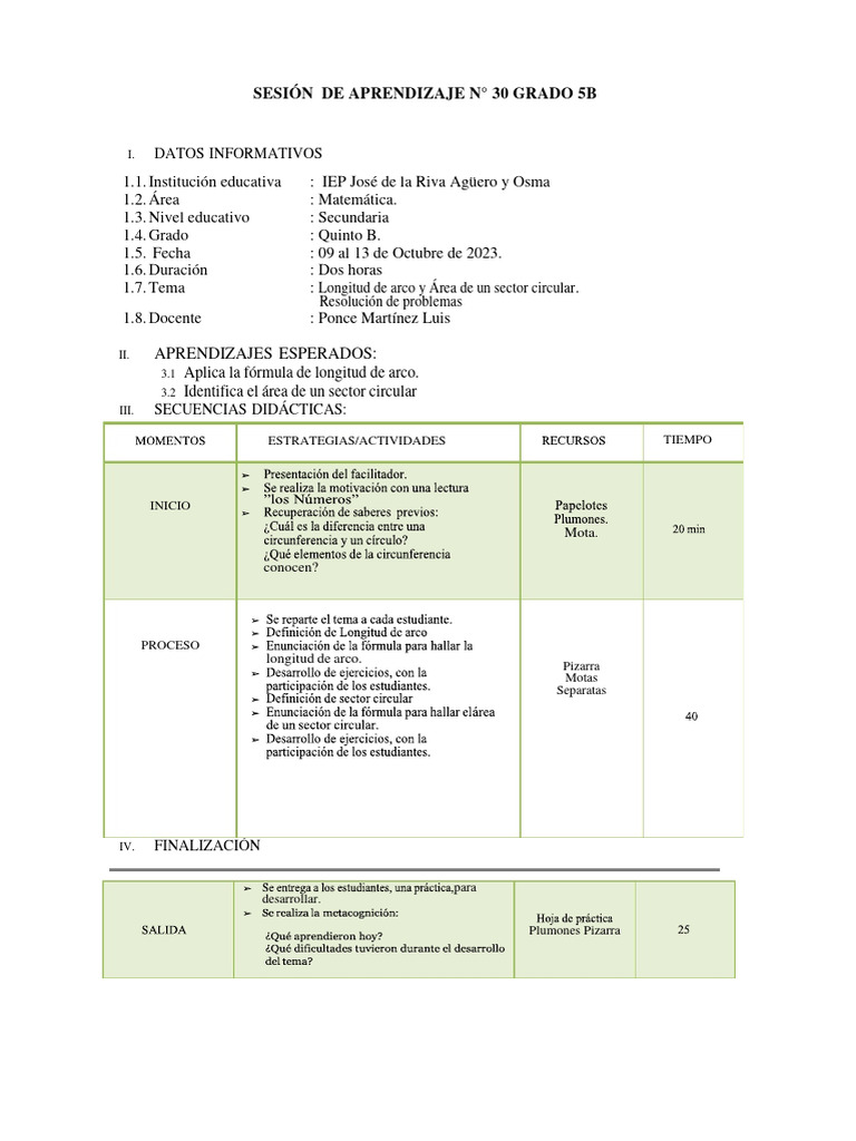 5° Sesión de Clase - Sector Circular | PDF