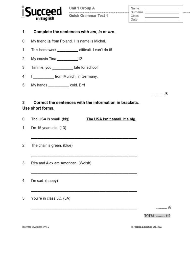 Isucceed - L2 - Unit 1 - Quick Grammar Test 1 - Group A - Final | PDF