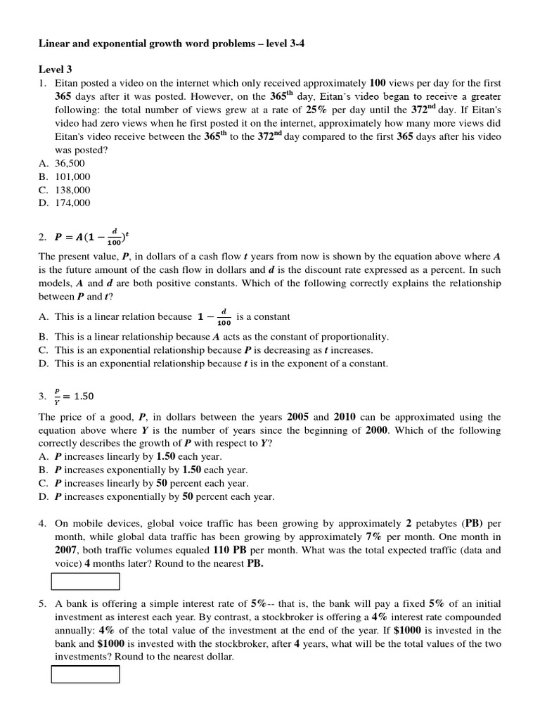 Linear and Exponential Growth Word Problems - Level 3-4 | PDF
