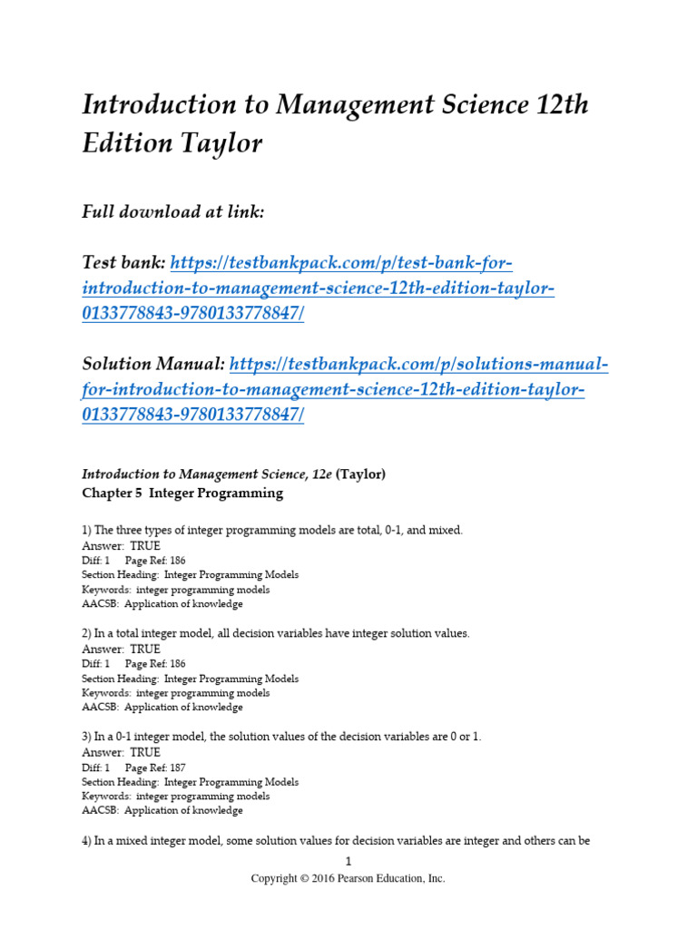 Introduction To Management Science 12th Edition Taylor Test Bank 1 | PDF