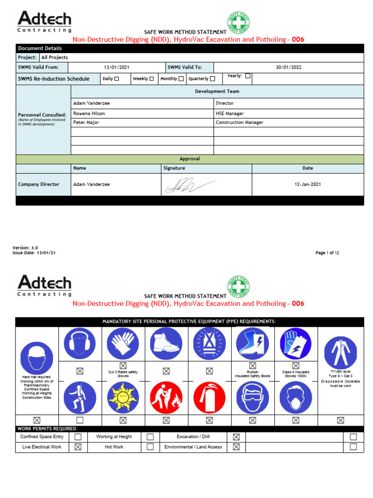 Adtech SWMS - 006 - Non-Destructive Digging (NDD), HydroVac Excavation ...