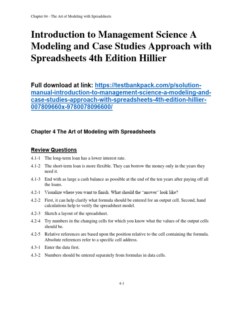 Introduction To Management Science A Modeling and Case Studies Approach With Spreadsheets 4th ...