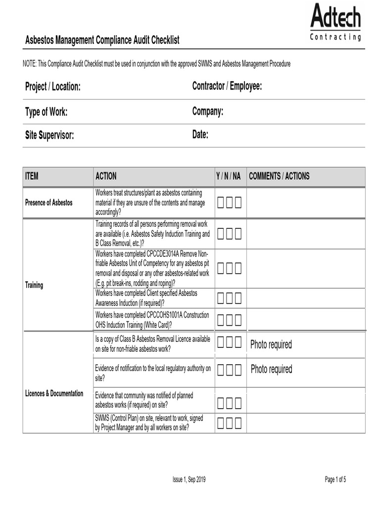 Asbestos Management Compliance Audit Checklist v1 Adtech | PDF ...