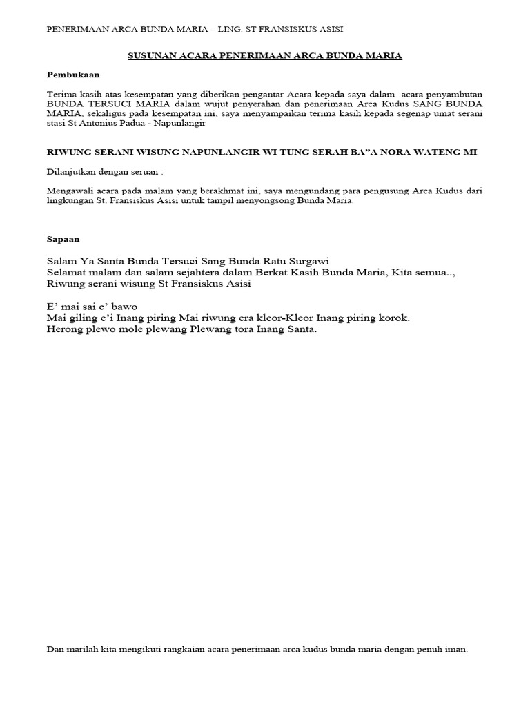 Susunan Acara Penerimaan Arca Bunda Maria | PDF