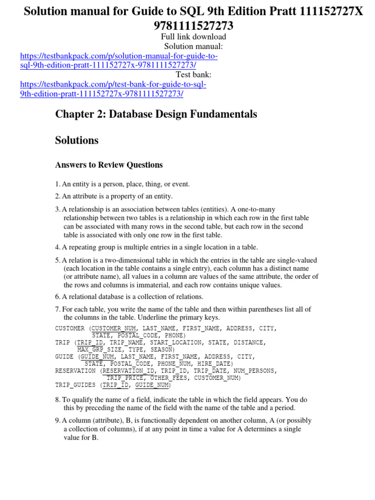 Solution Manual For Guide To SQL 9th Edition Pratt 111152727X 9781111527273 | PDF | Teaching ...