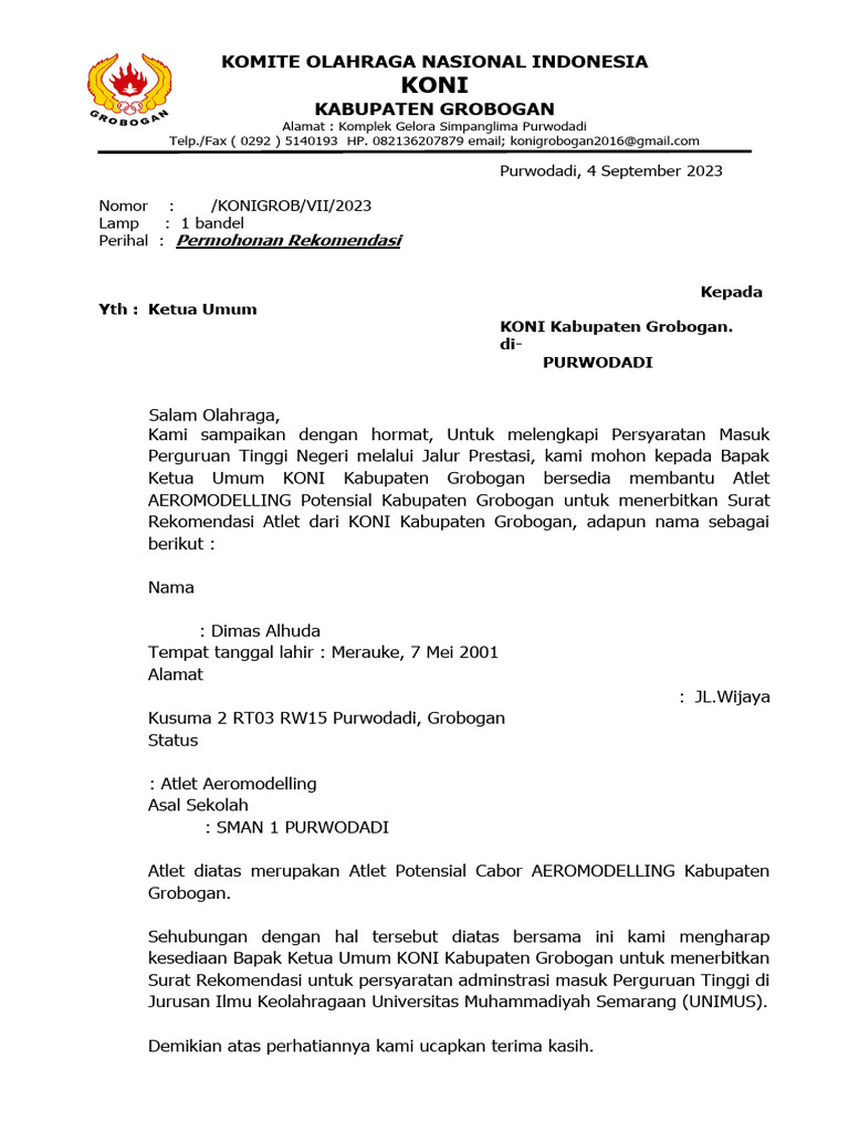 Draft Surat Permohonan Rekomendasi | PDF