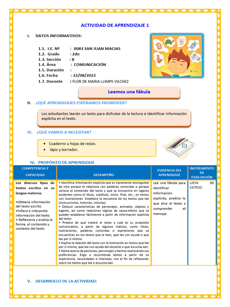 D1 A1 SESION Leemos Una Fábula | PDF