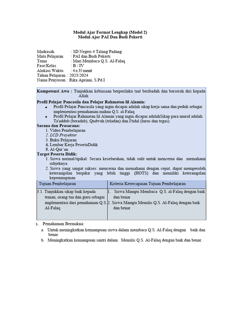 Modul Ajar Format Lengkap - Docx MODEL 2 RIKA APRIANI | PDF