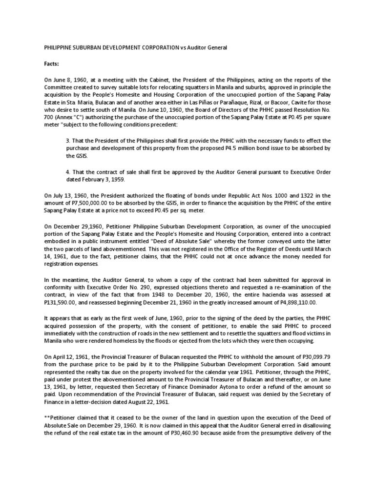 Philippine Suburban Development Corporation Vs Auditor General | PDF ...