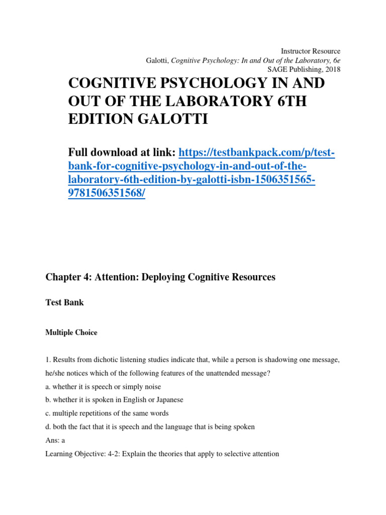 Cognitive Psychology in and Out of The Laboratory 6th Edition Galotti ...