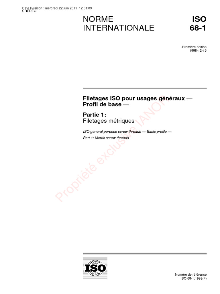 Norme ISO 68-1:1998 sur filetages métriques | PDF