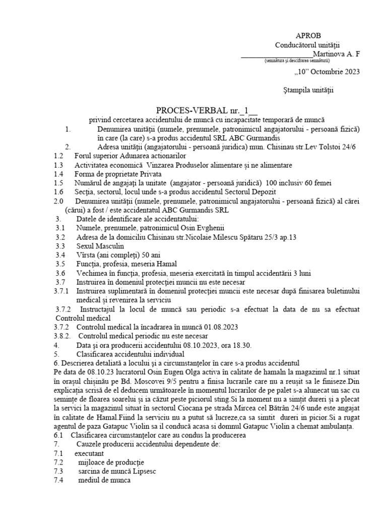 Proces Verbal Accidente de Munca | PDF