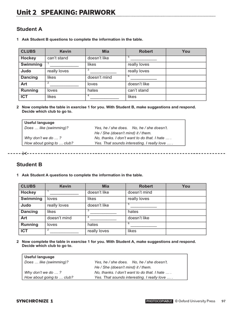 Synchronize1 TRB Worksheets Unit 2 Speaking Pairwork | PDF