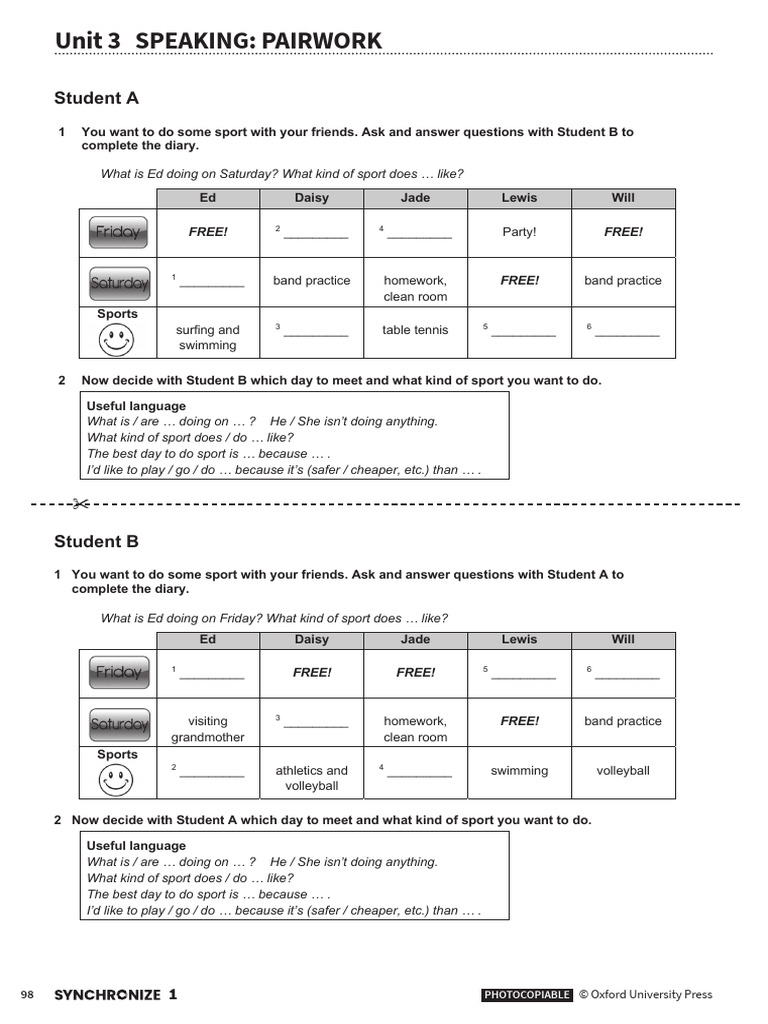 Synchronize1 TRB Worksheets Unit 3 Speaking Pairwork | PDF