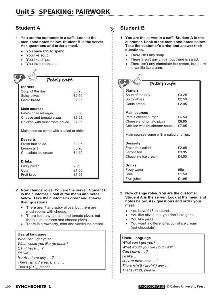 Synchronize1 TRB Worksheets Unit 5 Speaking Pairwork | PDF