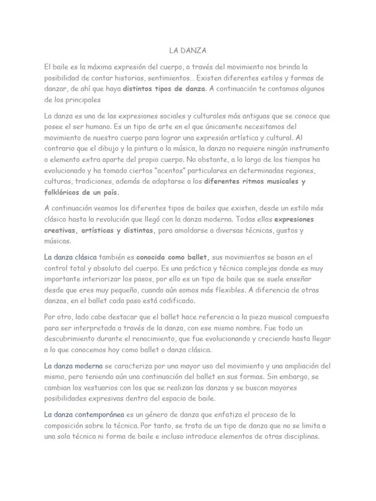 La Danza, Elementos, Caracteristicas y Tipos. | PDF | Bailes | Ballet