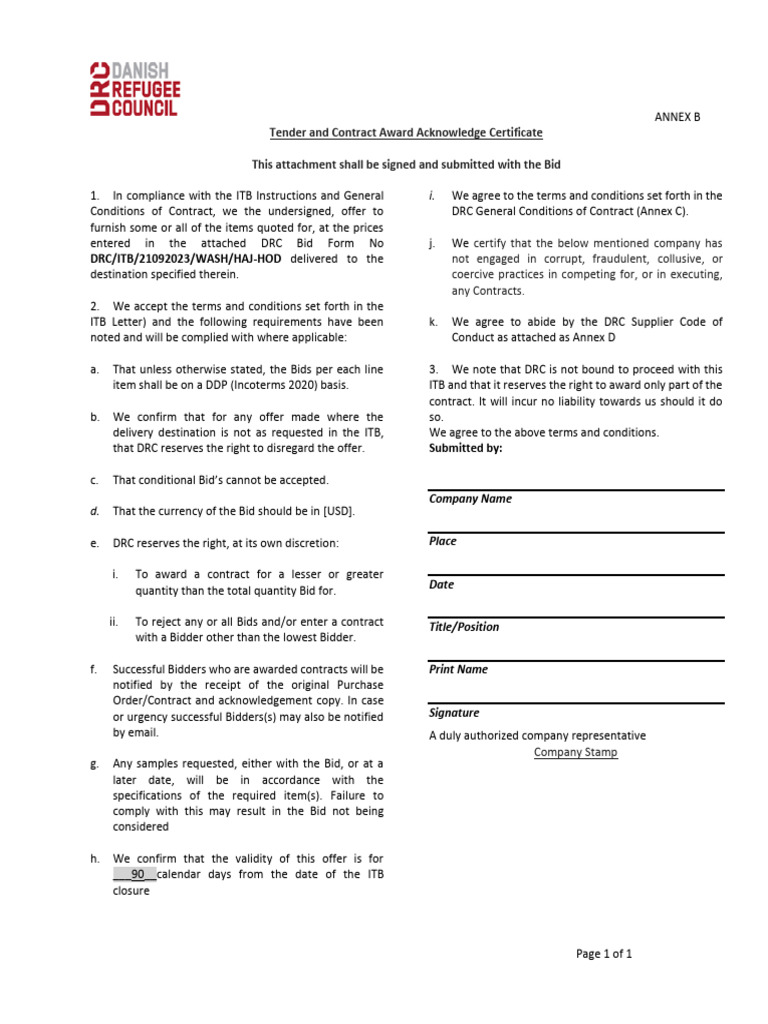 Annex B-Tender & Contract Award Acknowledge Certificate | PDF