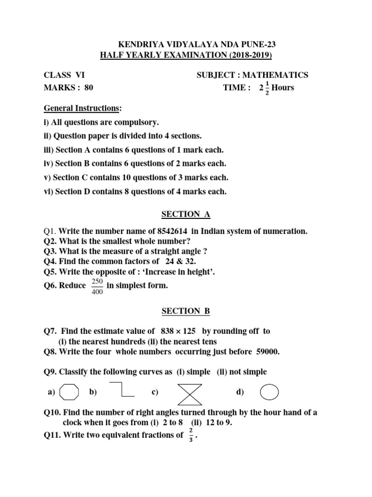 KV Class 6 Half Yearly Exam MATHS Model Question Paper 1 PDF | PDF