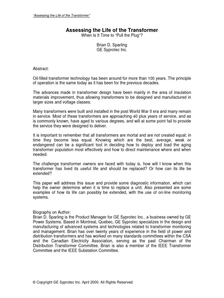 Assessing The Life of The Transformer | PDF | Transformer | Electrical ... Assessing The Life of The Transformer | PDF | Transformer | Electrical ...
