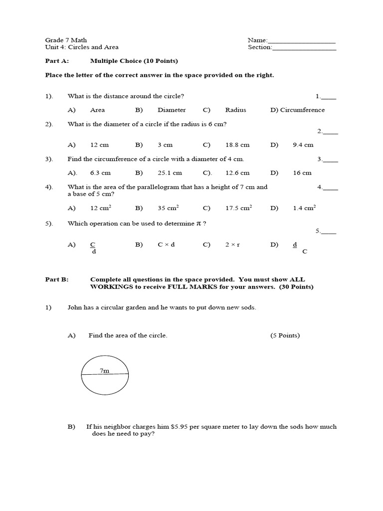 Grade 7 Math: Circles and Area Exam | PDF | Teaching Methods & Materials