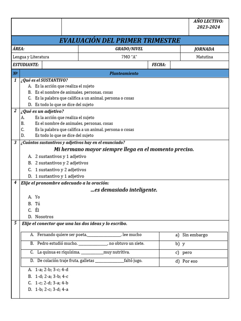 Evaluaciones de 7mo 2023-2024 | PDF