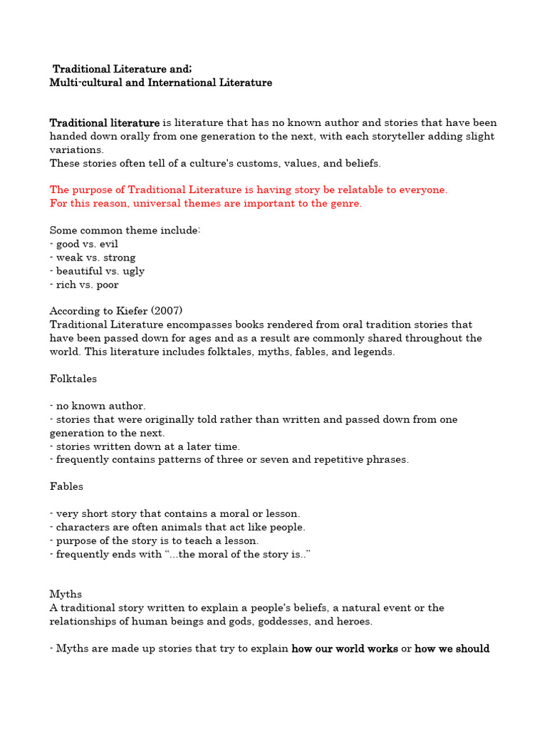 Traditional Literature and Multicultural Literature - Report | PDF