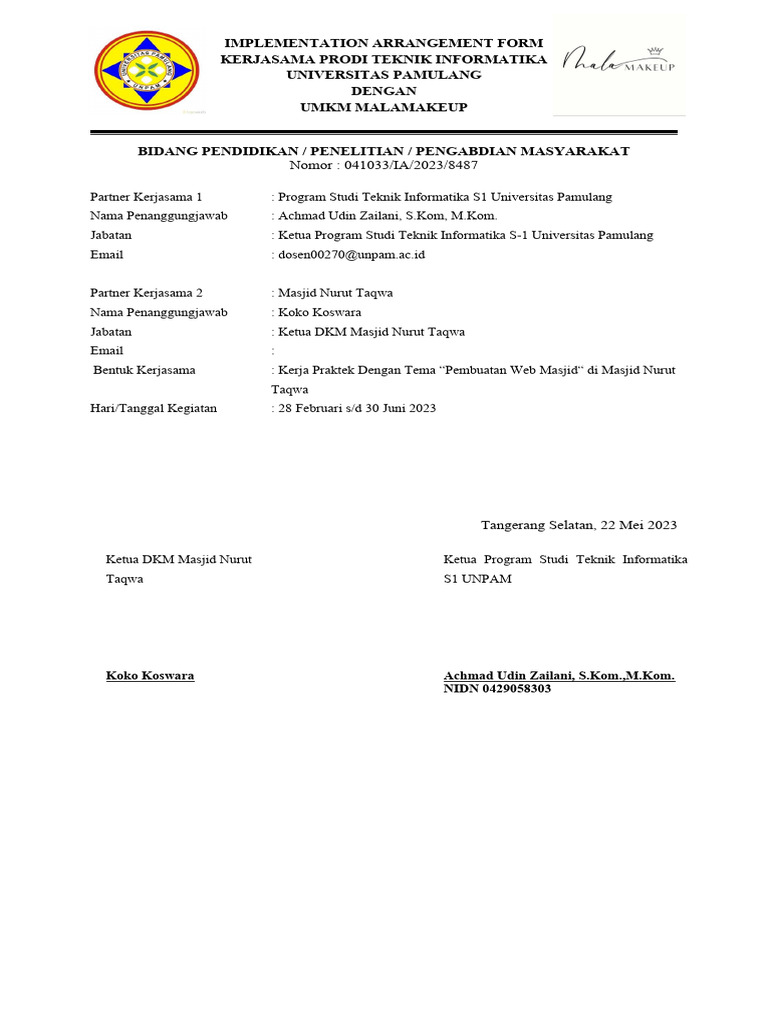 Implementation Arrangement Form Kerjasama Prodi Teknik Informatika Universitas Pamulang Dengan ...