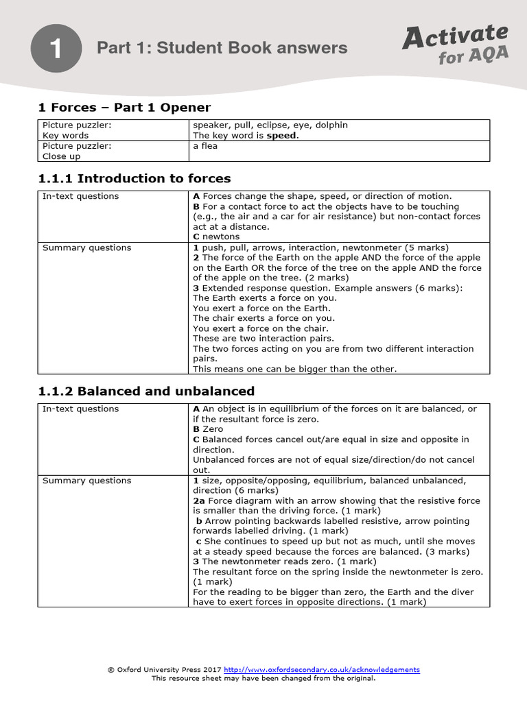 Part 1 Forces Student Book Answers | PDF