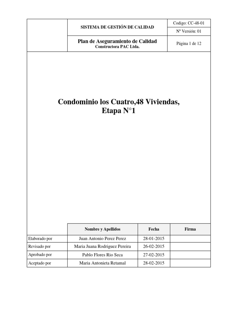 1.- FORMATO PLAN DE CALIDAD | PDF | Sistema de manejo de calidad ...