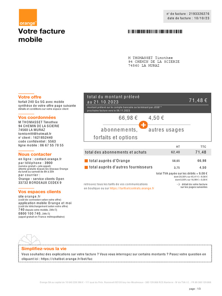 Facture mobile du 10/10/2023 | PDF