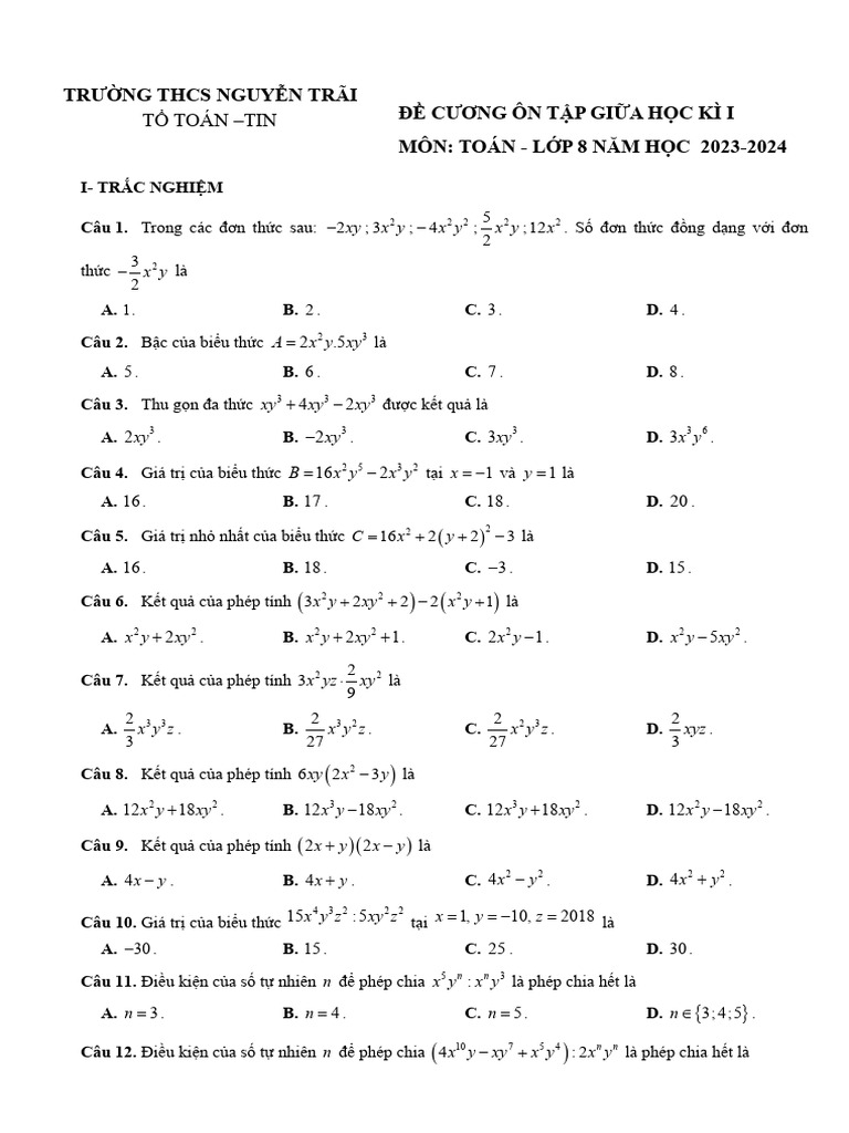 De Cuong Giua Hoc Ki 1 Toan 8 Nam 2023 2024 Truong Thcs Nguyen Trai Quang Tri | PDF