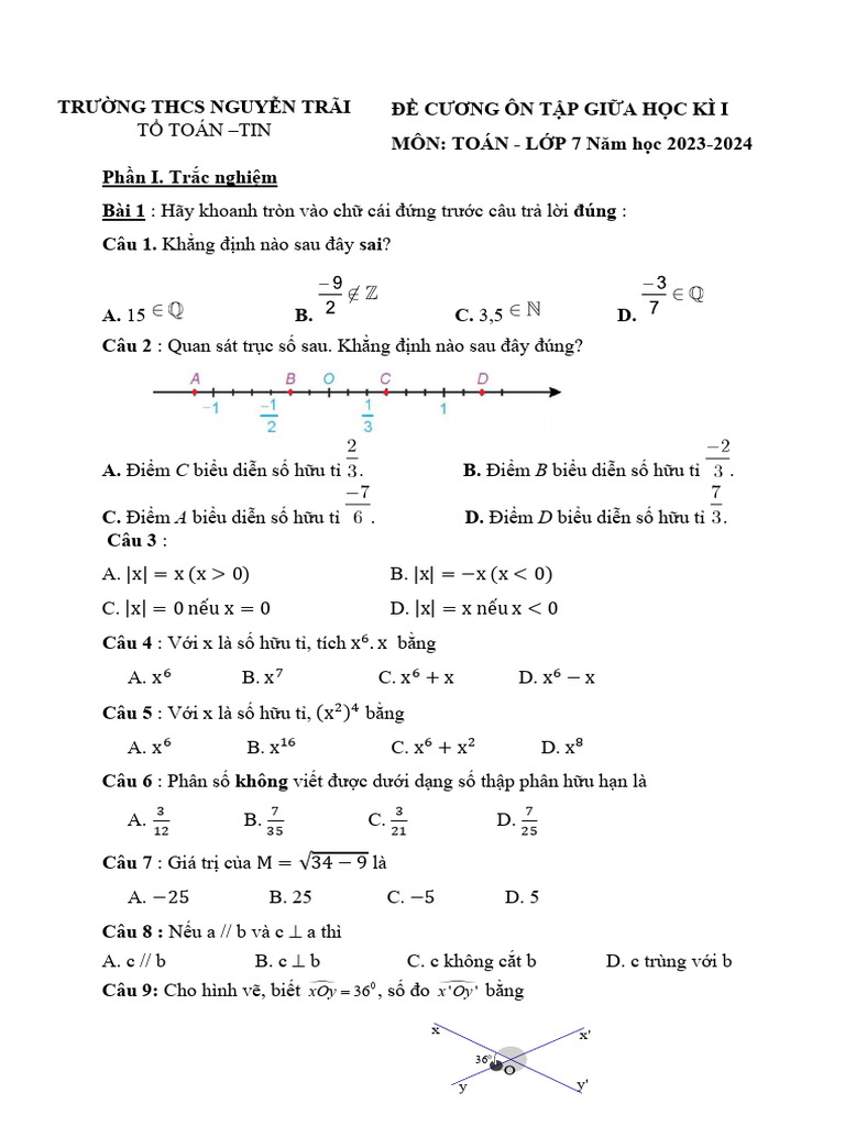 De Cuong Giua Hoc Ki 1 Toan 7 Nam 2023 2024 Truong Thcs Nguyen Trai Quang Tri | PDF
