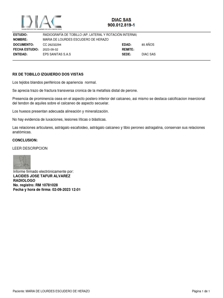 Radiografía de Tobillo Izquierdo AP y Lateral | PDF