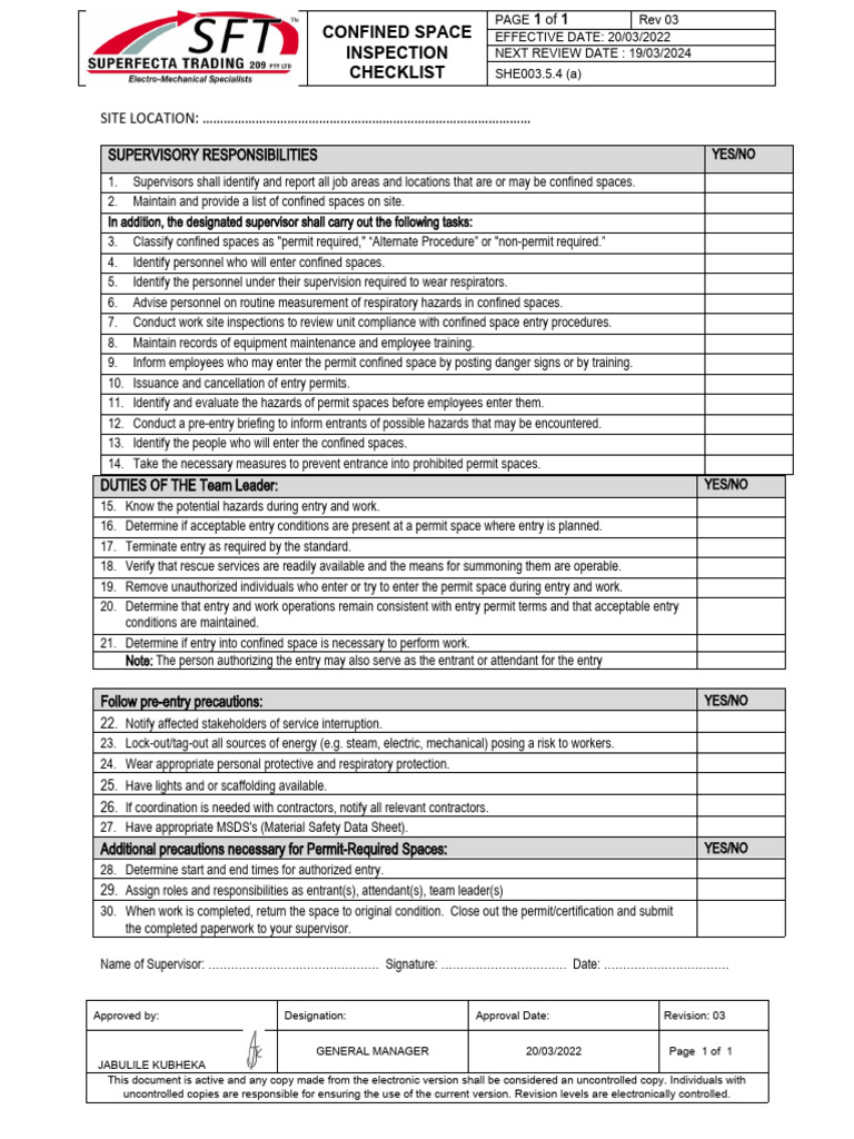 Confined Space Checklist | PDF