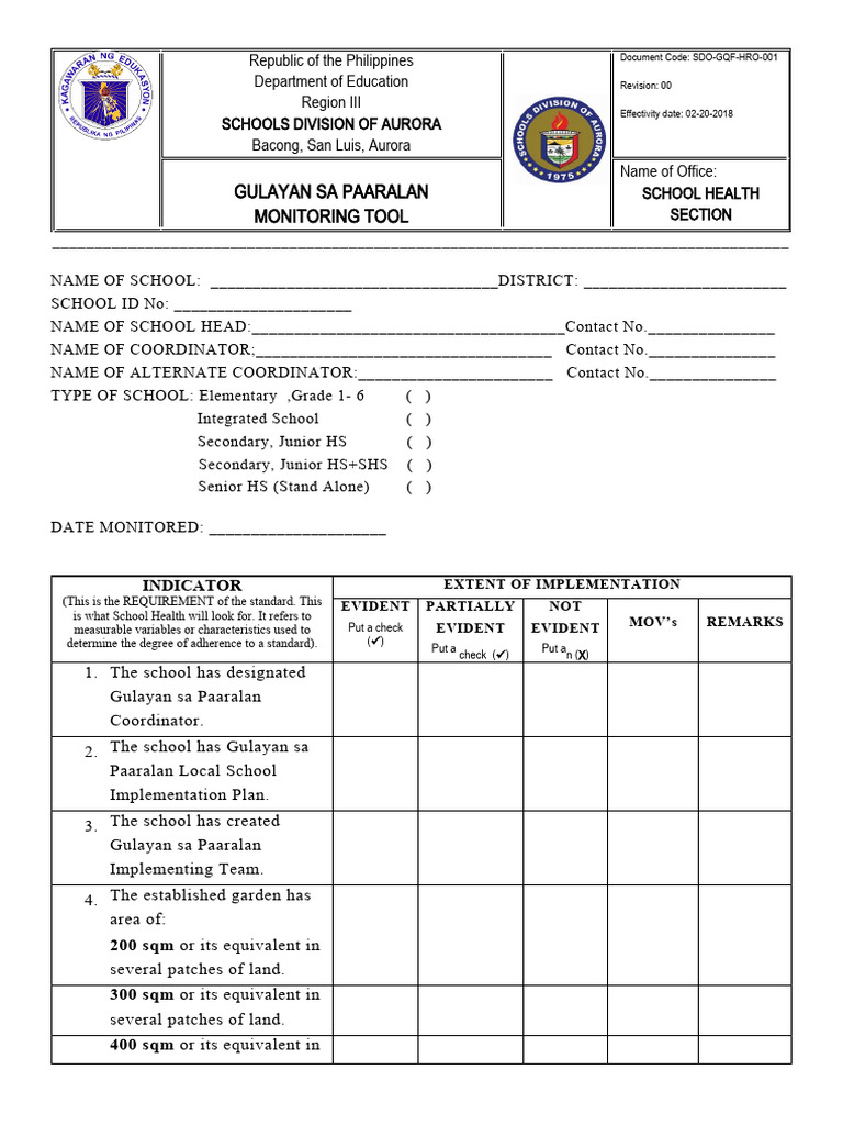 Gulayan Sa Paaralan Monitoring Tool | PDF | Plant Nursery | Vegetables