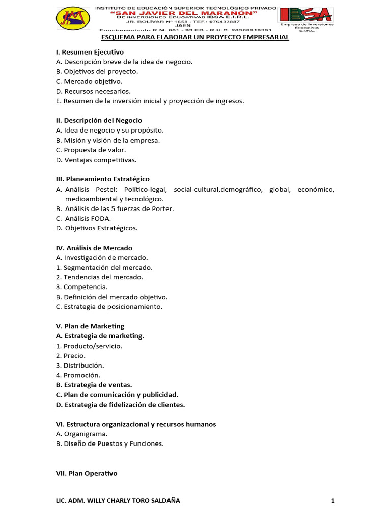 Esquema para Elaborar Un Proyecto Empresarial | PDF | Marketing | Business
