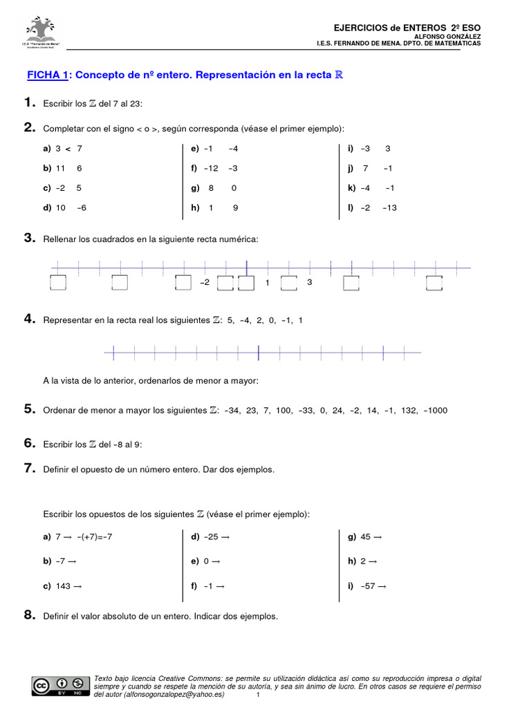 Ejercicios Numeros Enteros Pdf