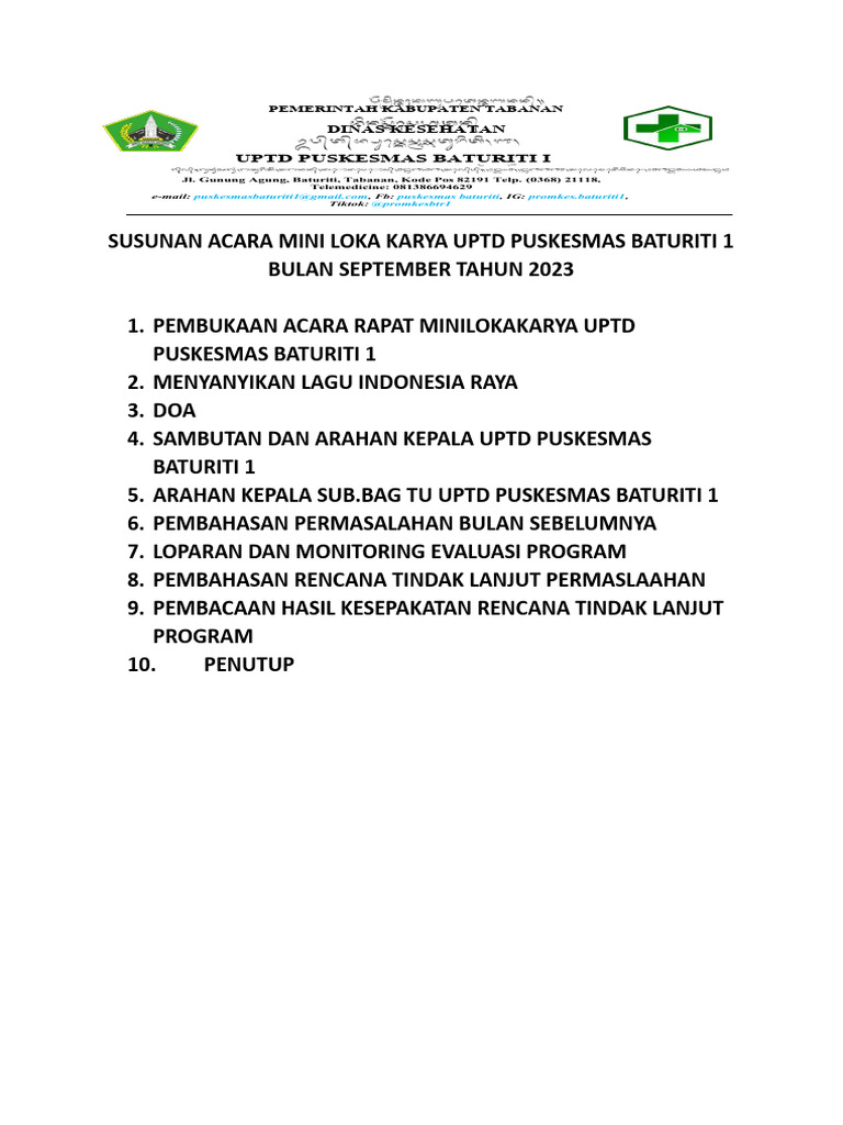 Susunan Acara Mini Loka Karya Uptd Puskesmas Baturiti 1 | PDF Susunan Acara Mini Loka Karya Uptd Puskesmas Baturiti 1 | PDF