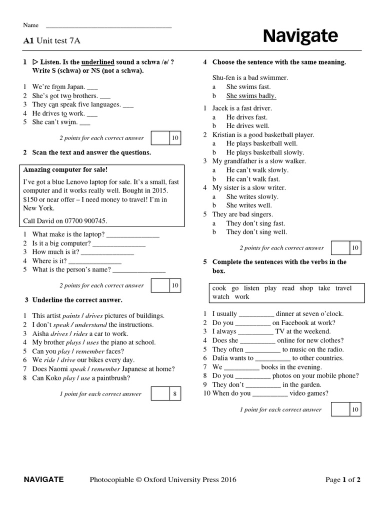 Unit Test 7A | PDF