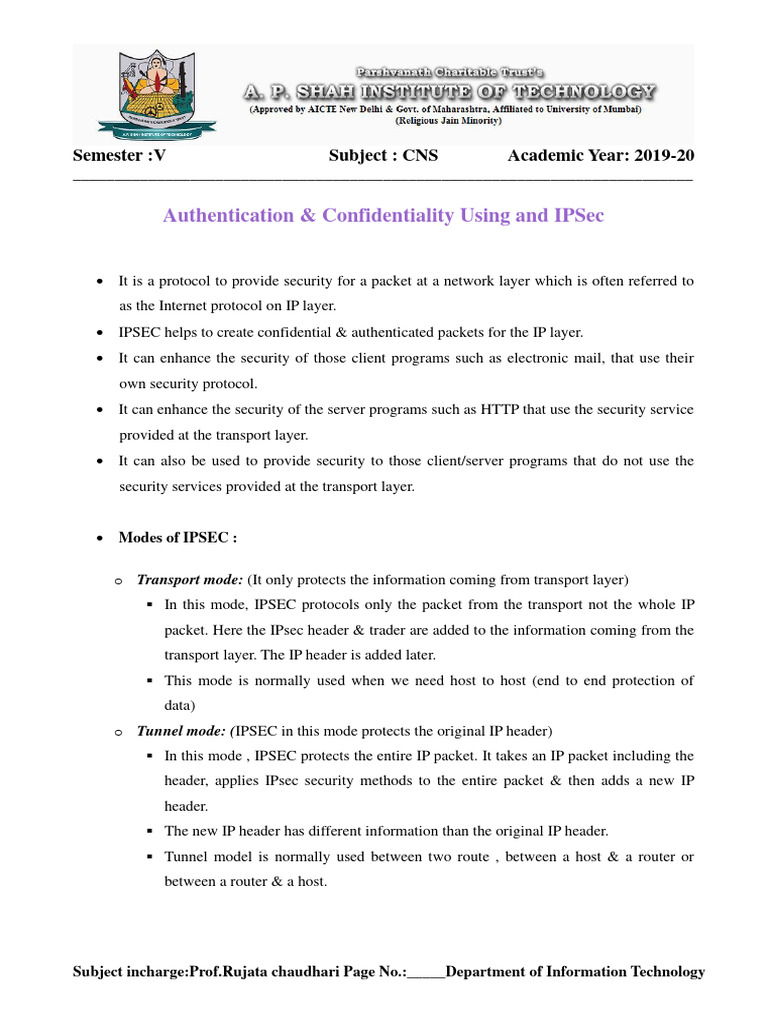 Authentication Confidentiality Using And Ipsec Pdf